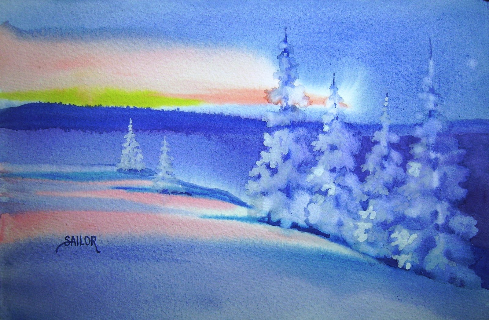 Watercolor in the Village: Winter Sunset