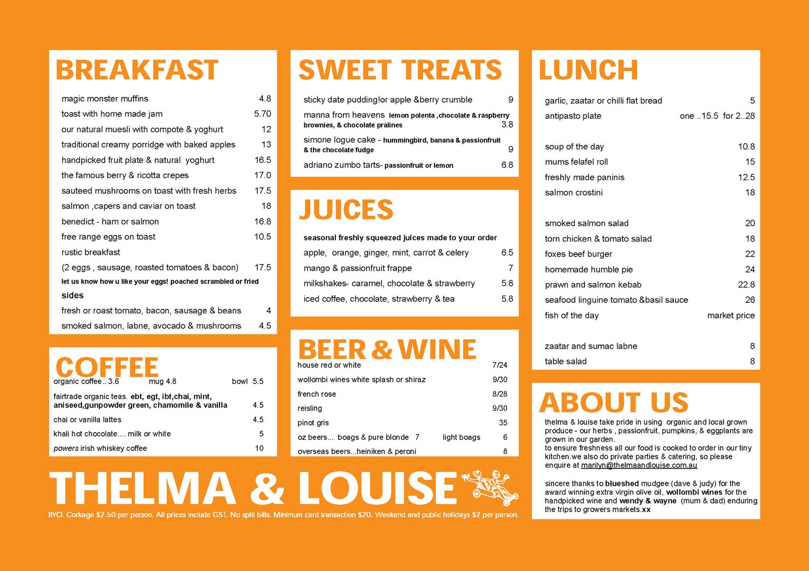 Thelma & Louise Cafe: Thelma & Louise Menu