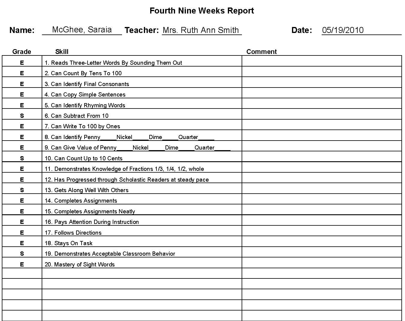 Us McGhees: Saraia's Report Card - GREAT JOB!!