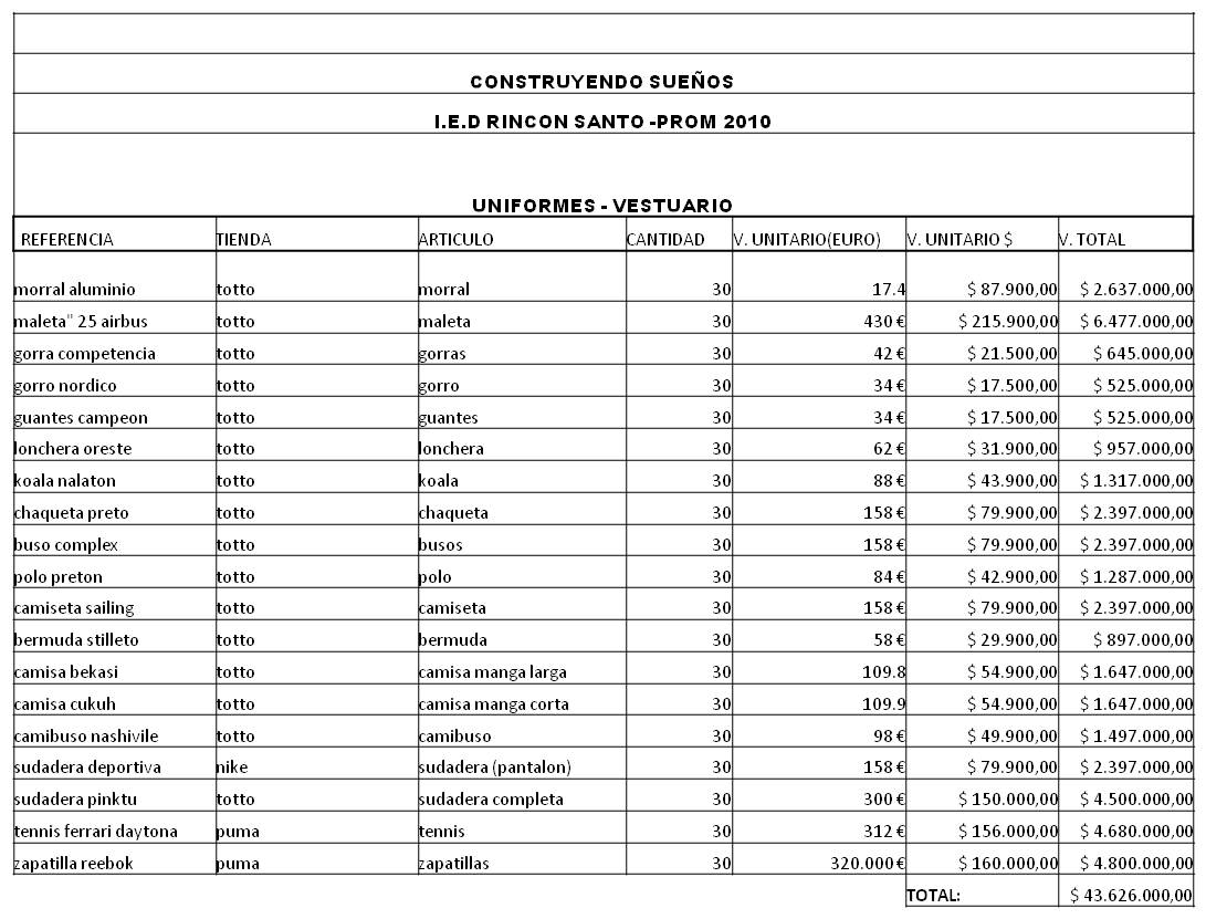 POR TUS SUEÑOS: FACTURA DE COSTOS DE UNIFORMES
