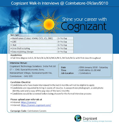 referral openings: [EXP] CTS Coimbatore walk-in on Jan 09