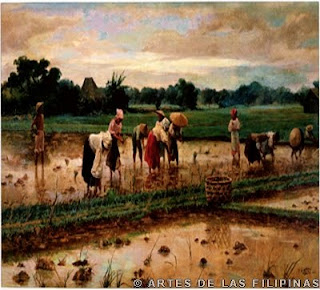 Philippine Paintings: Young Filipina; Planting Rice by Fabian De la Rosa