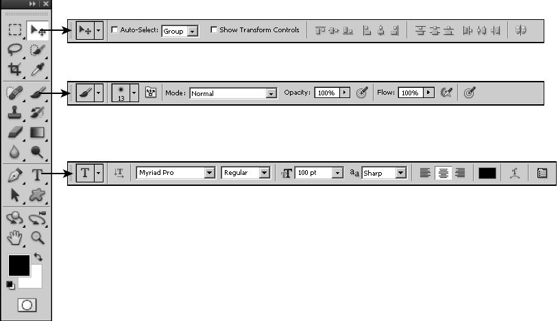 Solution: The Toolbox and tool options bar