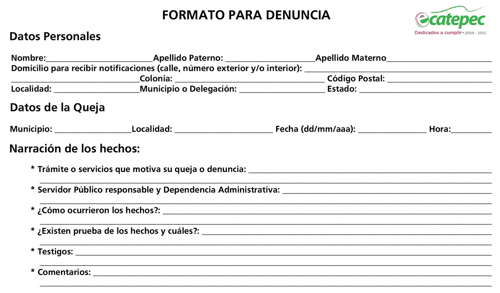 CONTRALORÍA MUNICIPAL DE ECATEPEC: FORMATO PARA DENUNCIA