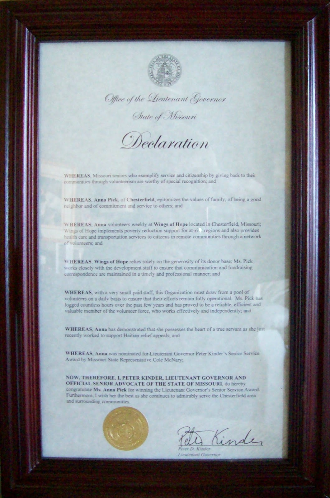Dried Ink: Lieutenant Governor's Senior Service Award - State of Missouri