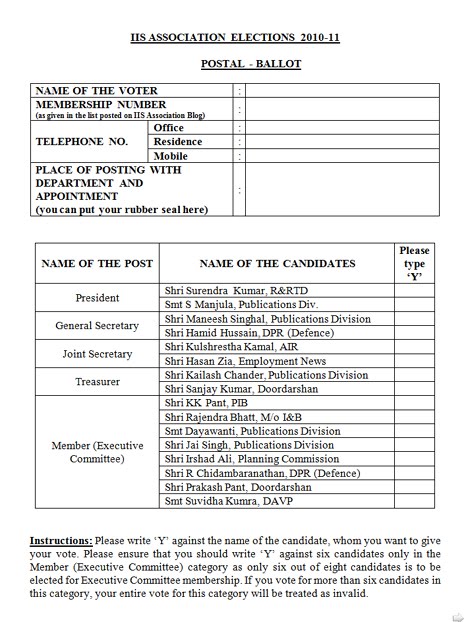 IIS ASSOCIATION: POSTAL - BALLOT FOR ELECTION 2010-11