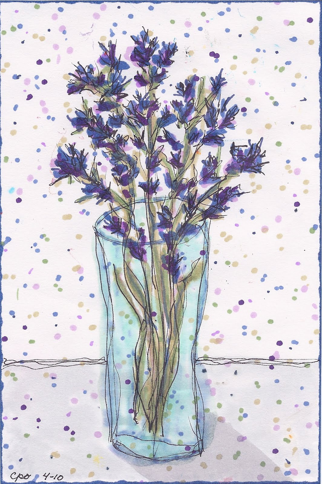 Mostly Markers: Sketch of Statice Flowers in a Clear Vase