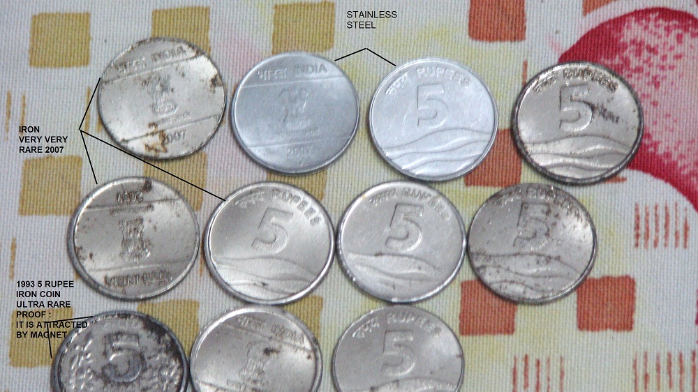 IndianCoins: 5 Rupees Wave 2007 Steel and Fake Iron coins Very Rare