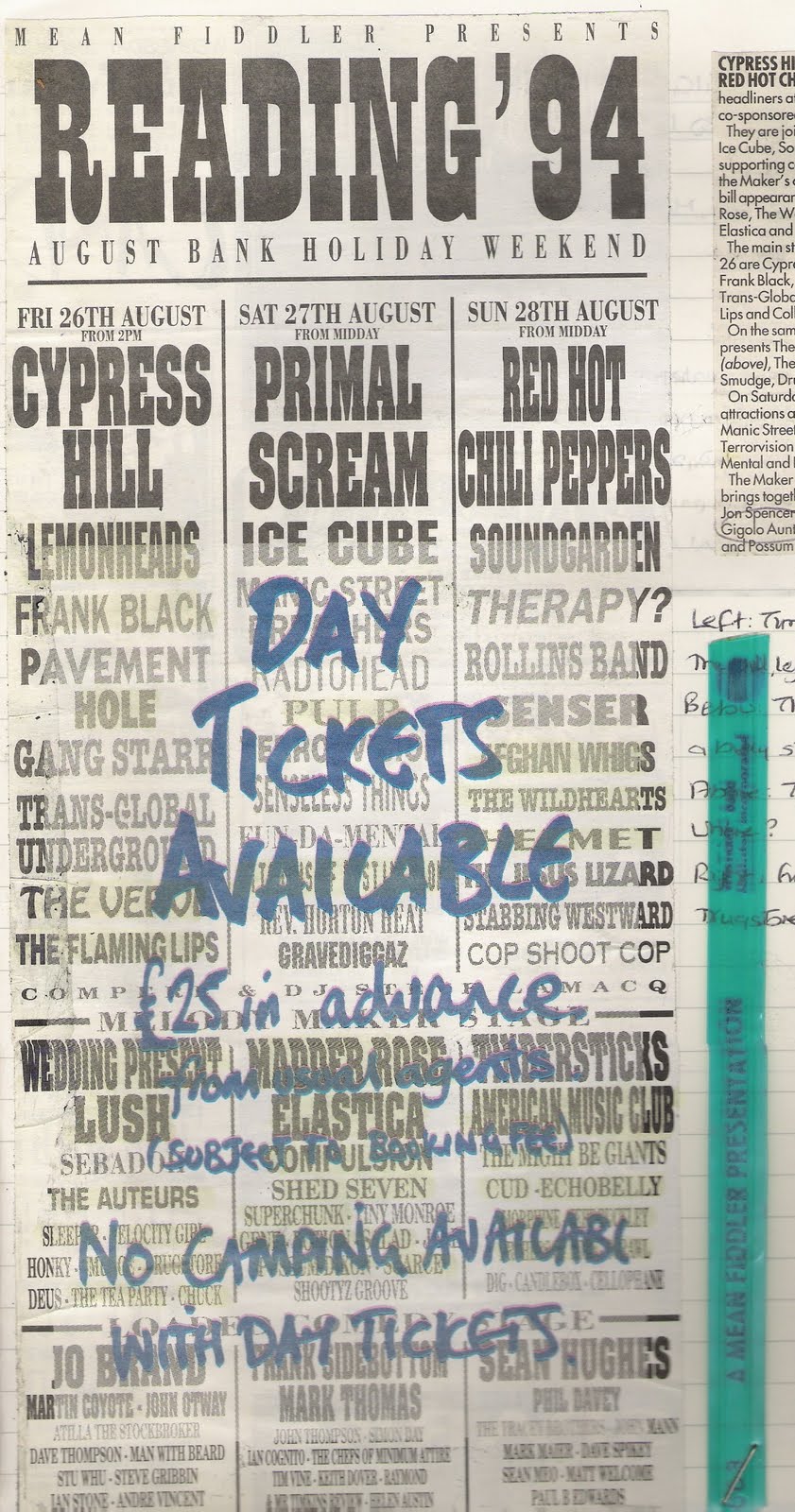 David Rose's Gig Diaries: 272 THE 1994 READING FESTIVAL