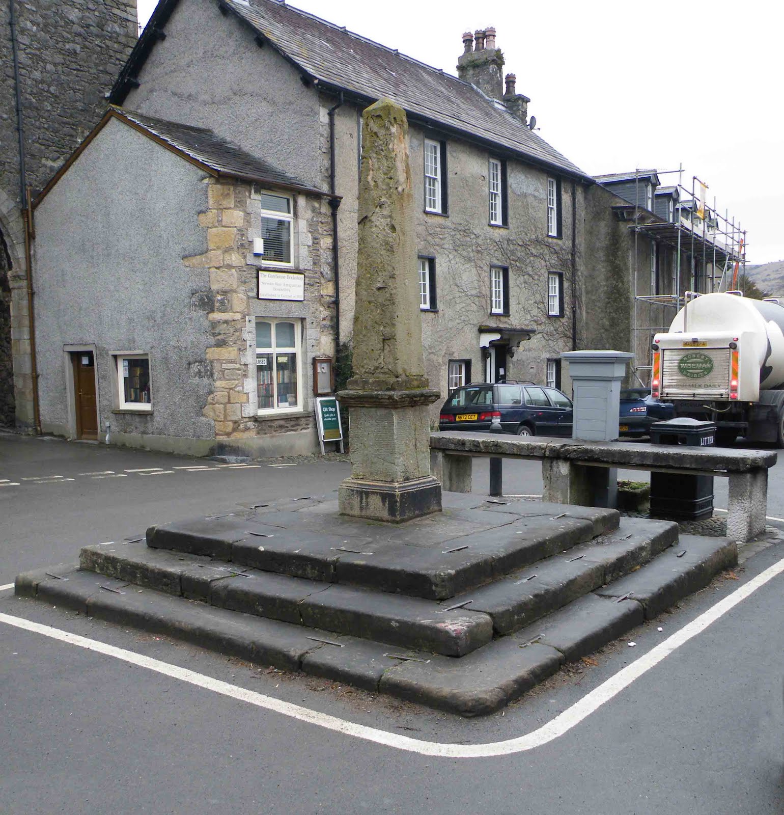 Cumbrian churches: Market Cross and fish stones, Cartmel