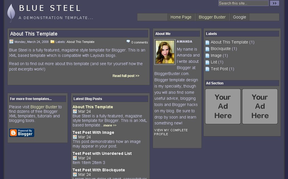 Blogger Buster: Blogger XML Template: Blue Steel (Magazine Style)