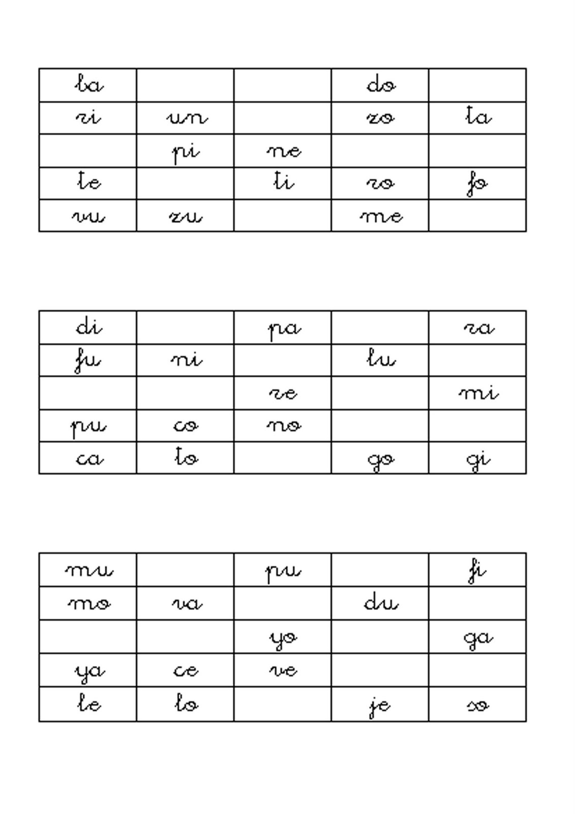 BREAL-Dislexia: Bingo de sílabas directas en letra de caligrafía