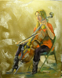 June Oros, Fine Artist: Woman Cello Player, Oil Painting, Musician