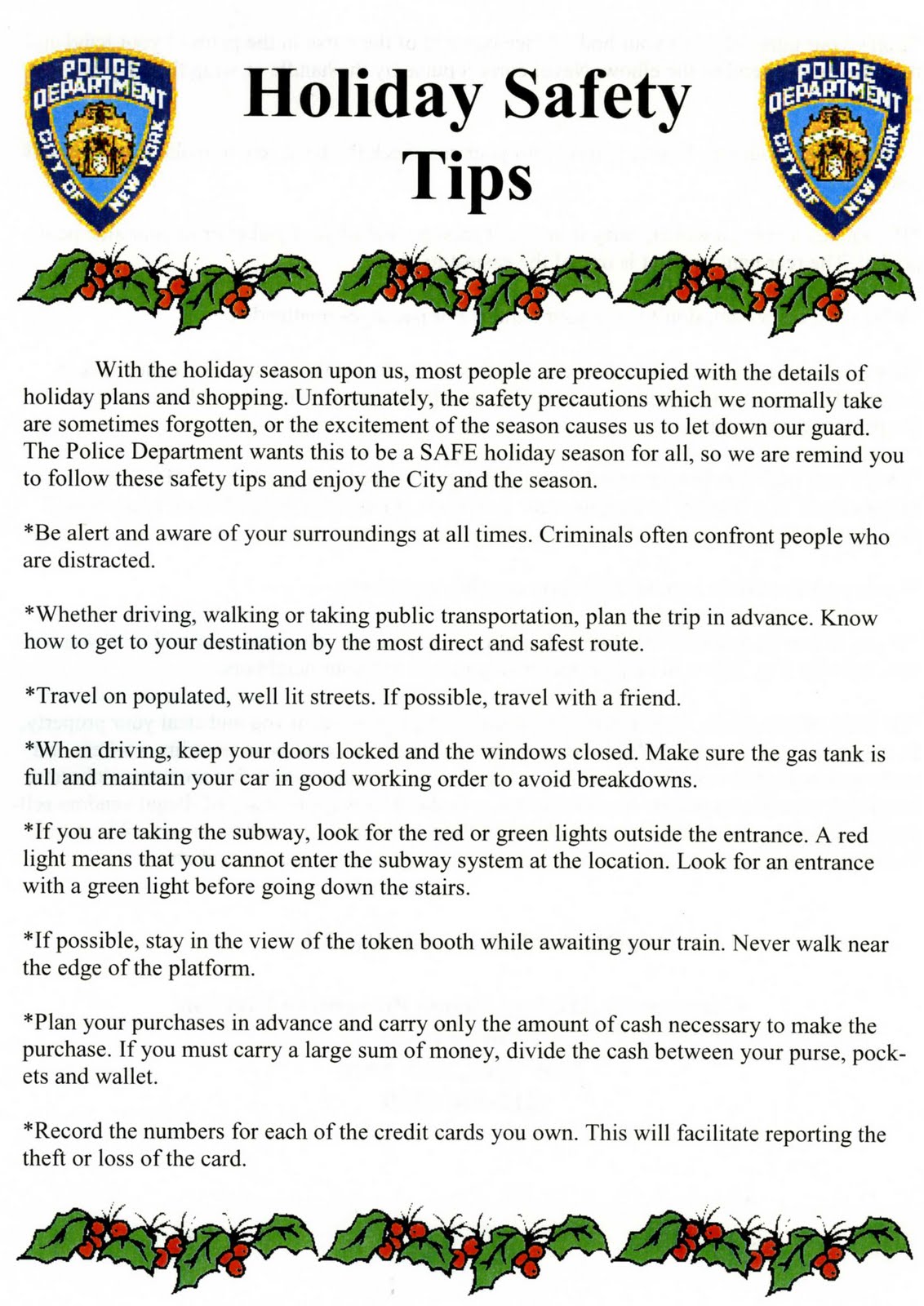 Grant City Civic Association: NYPD Holiday Safety Tips