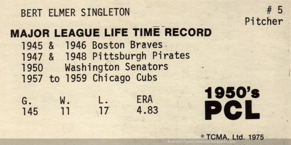Number 5 Type Collection: 1975 TCMA 1950's PCL Baseball #5, Elmer Singleton