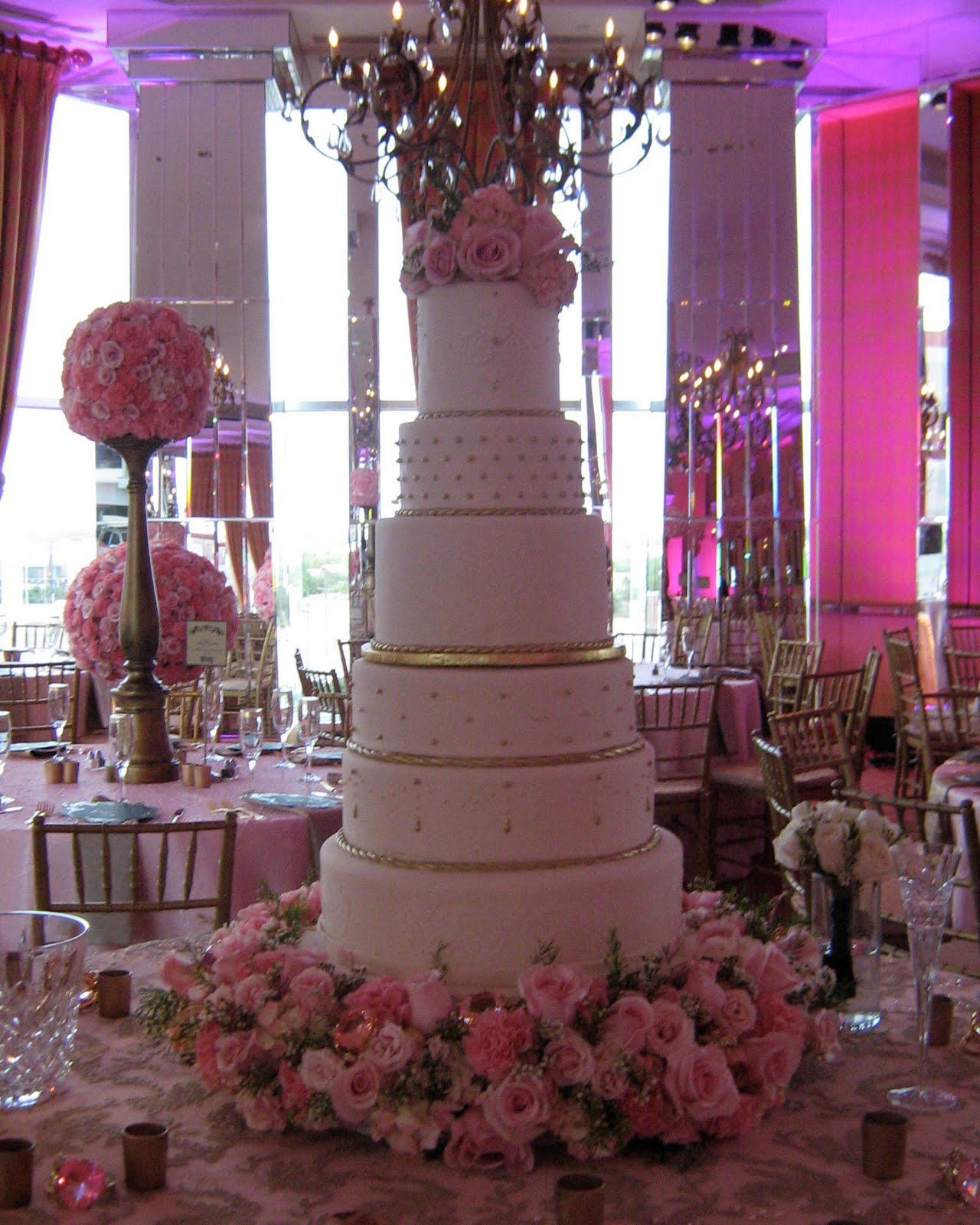 Sublime Bakery: Elegant 7 Tiered Ivory, Pink and Gold Wedding Cake