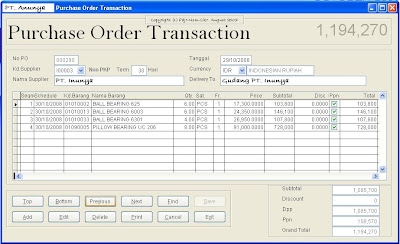 Contoh Tampilan: Purchase Order Transaction