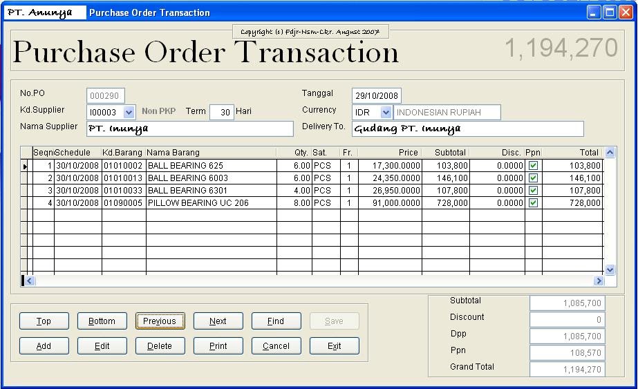 Contoh Tampilan: Purchase Order Transaction